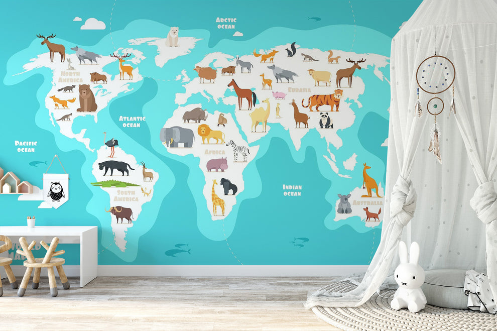 Kids Blue Ocean Map Wallpaper | Animal World Map Mural