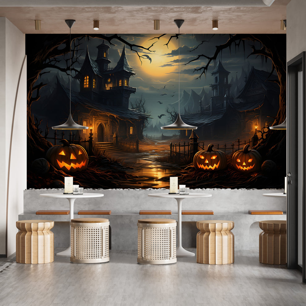 Spooky Haunted House Wallpaper Mural – Halloween Wall Decor