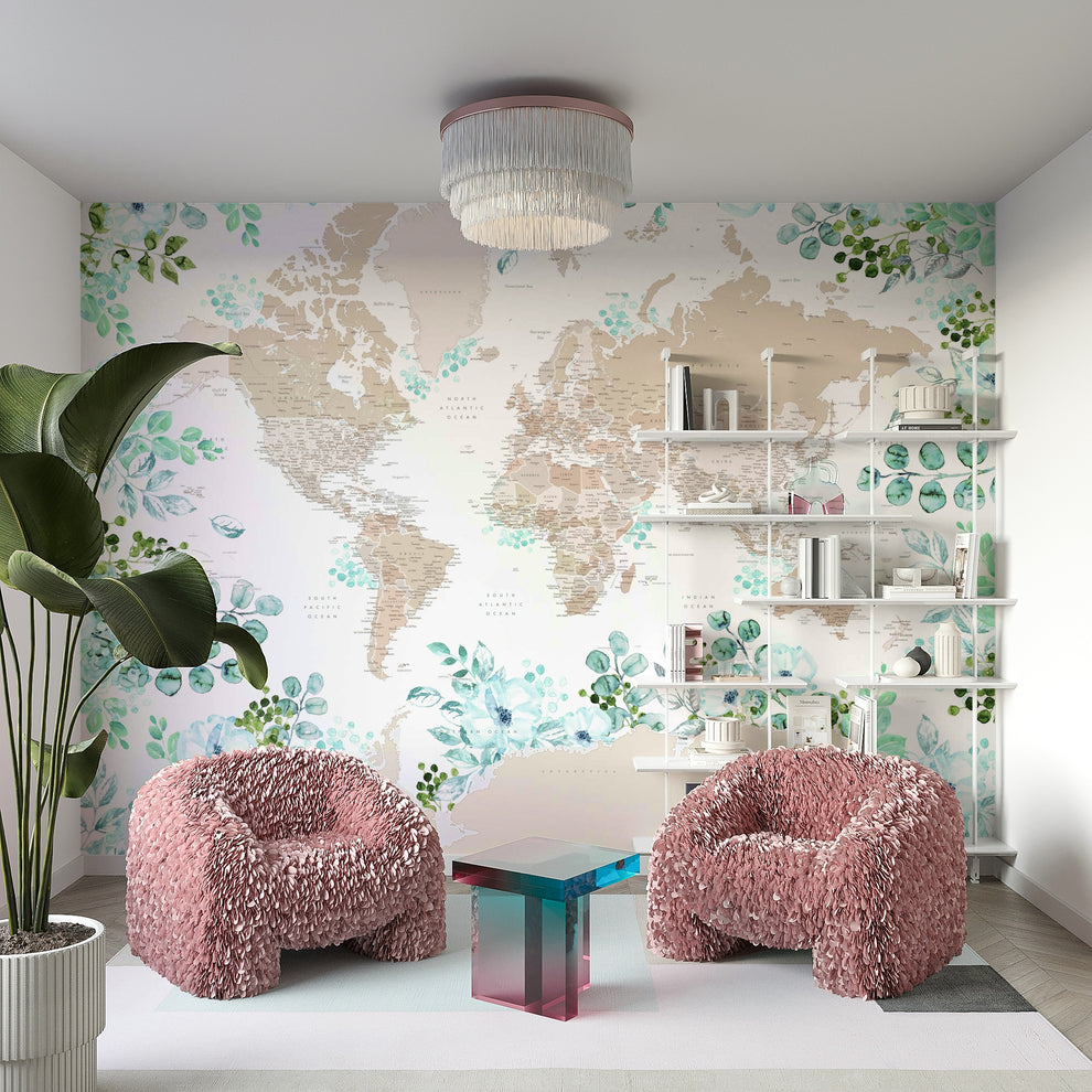 Beige Watercolor World Map Wallpaper – Elegant Wall Decor