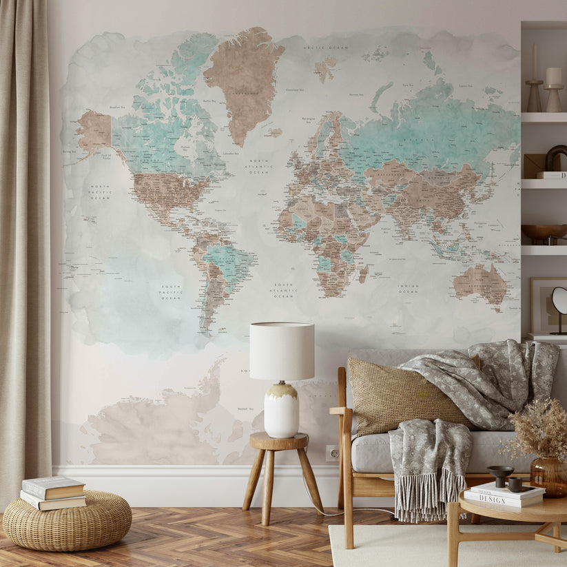 Neutral Map Wallpaper – Elegant Watercolor World Art