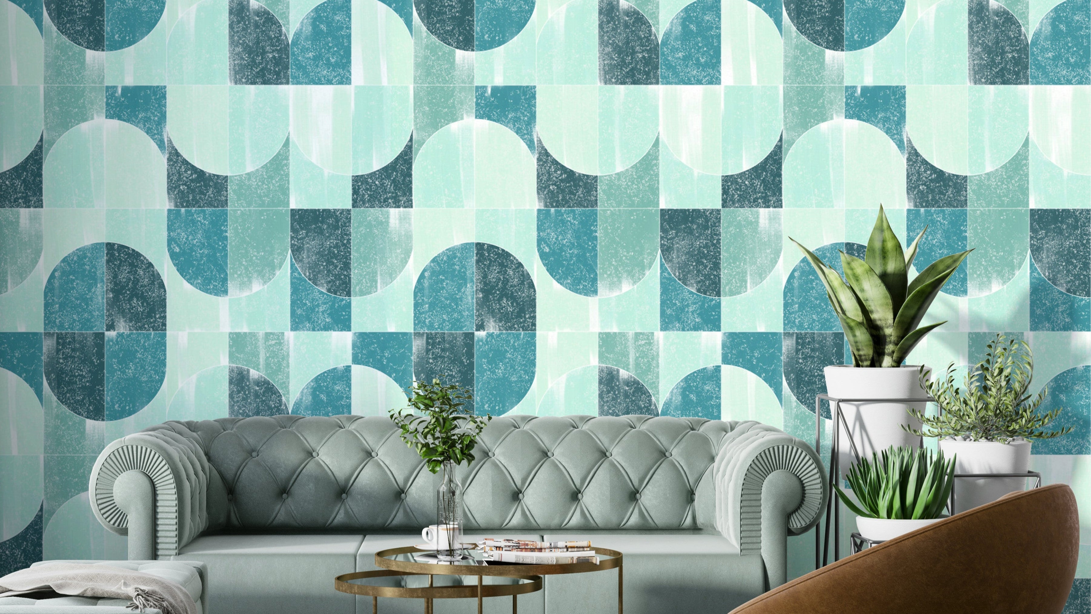 Sponge Painted Geo Tiles Wallpaper - Watery Art