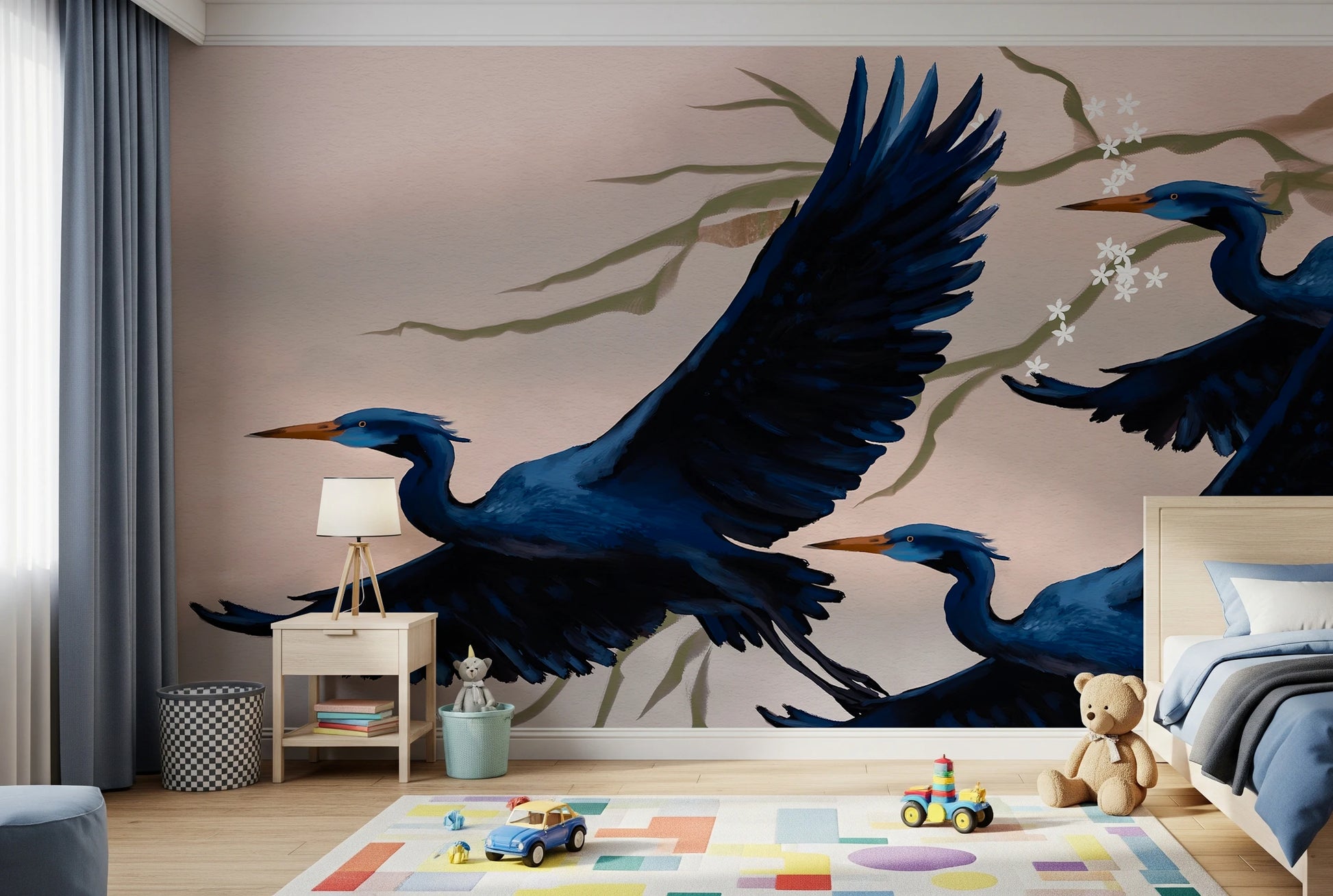 Blue Heron Floral Wallpaper Mural