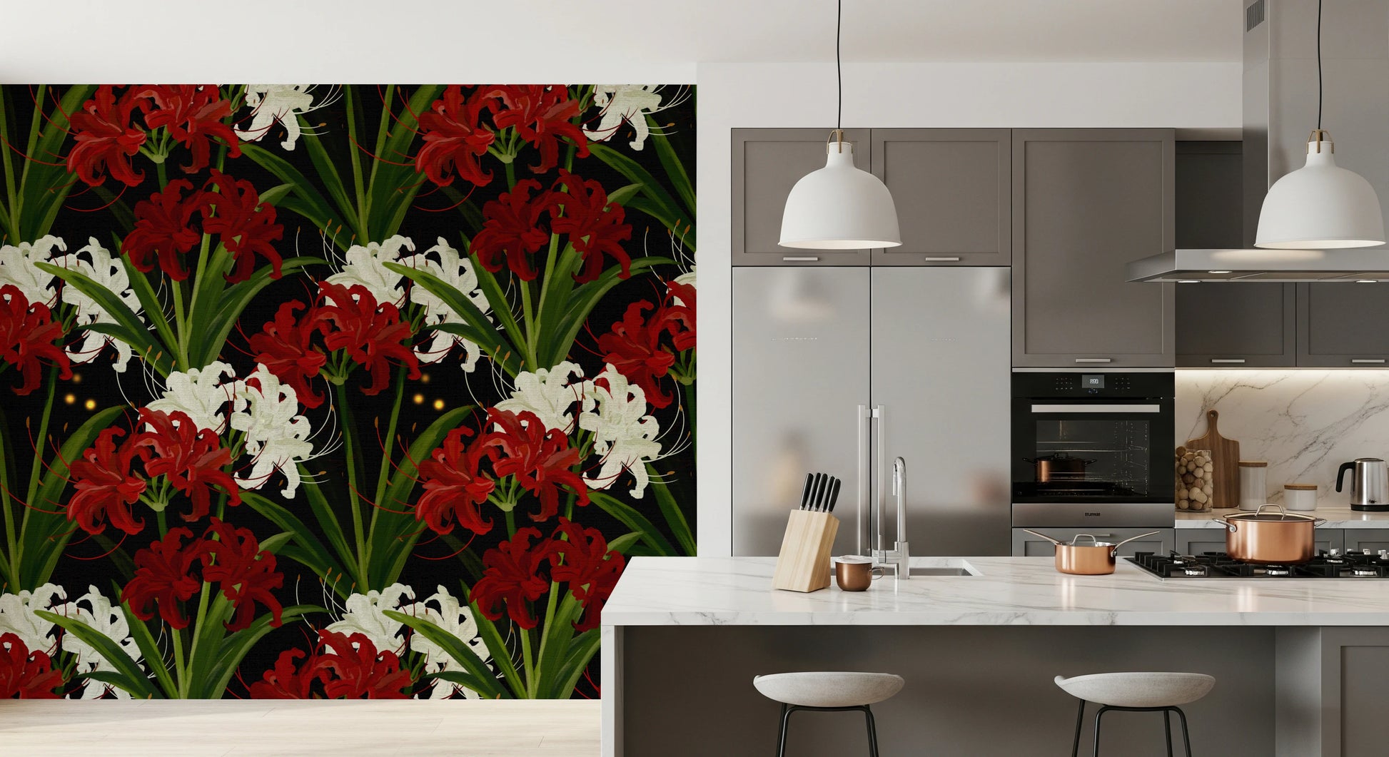 Noir Floral Wallpaper - Red & White Spider Lilies