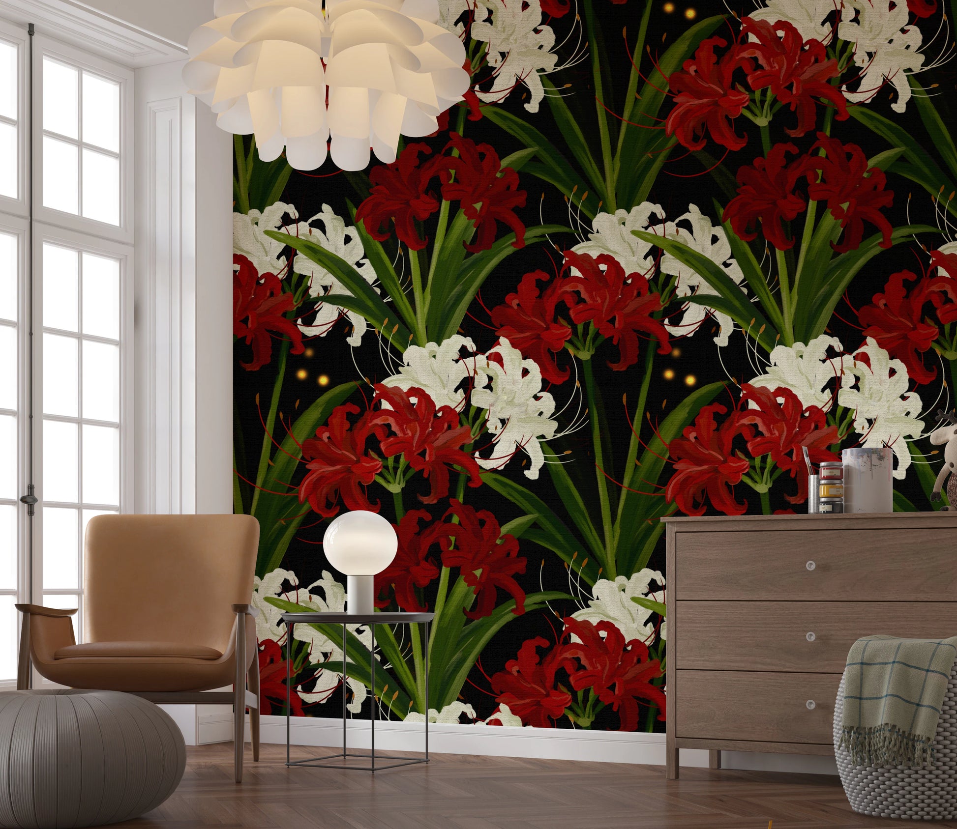 Noir Floral Wallpaper - Red & White Spider Lilies