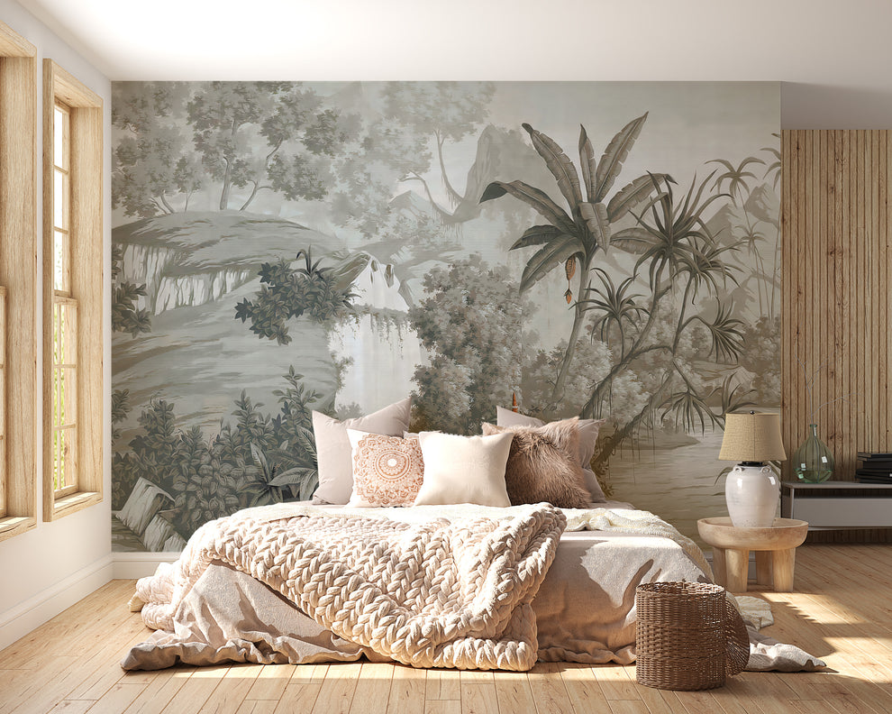 Monotone Forest & Mountain Murals | Dense Tree Wallpaper