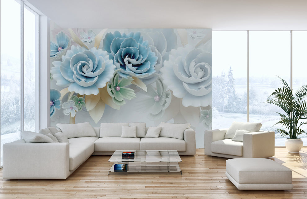 3D Blue Floral Wallpaper Mural - Liven Up Your Space