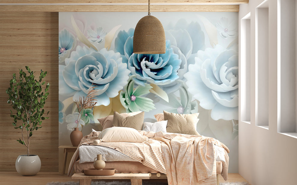 3D Blue Floral Wallpaper Mural - Liven Up Your Space