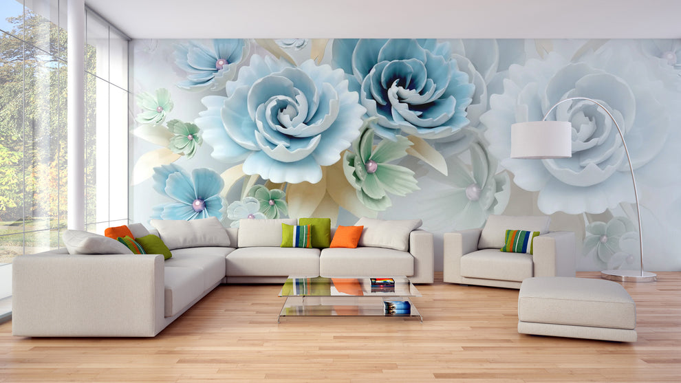 3D Blue Floral Wallpaper Mural - Liven Up Your Space