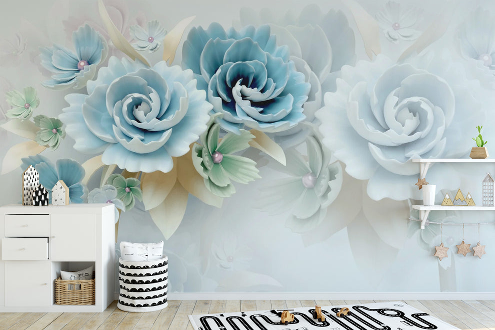 3D Blue Floral Wallpaper Mural - Liven Up Your Space