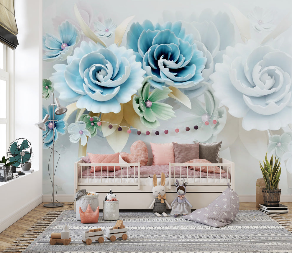 3D Blue Floral Wallpaper Mural - Liven Up Your Space