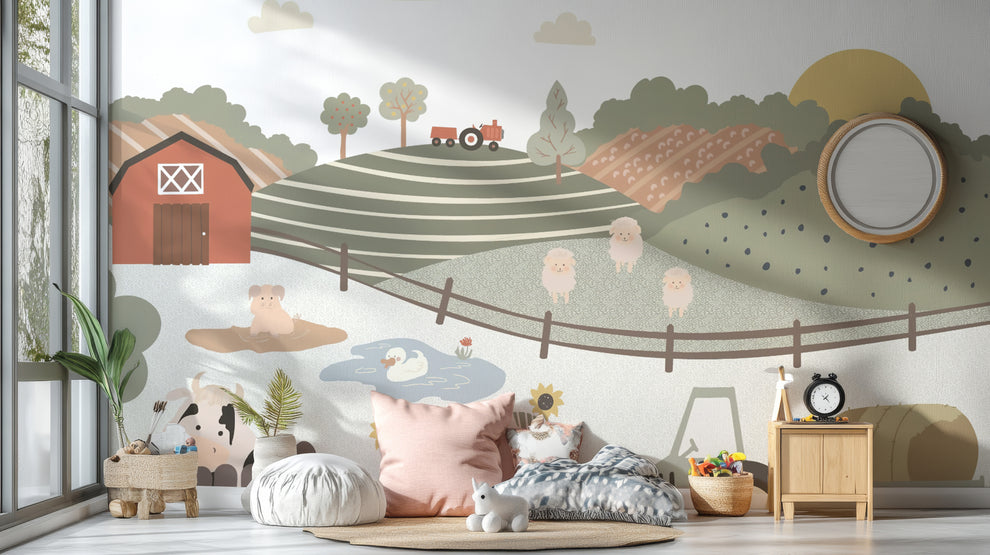 Whimsical Farm Animals Wall Mural – Playful Countryside Charm