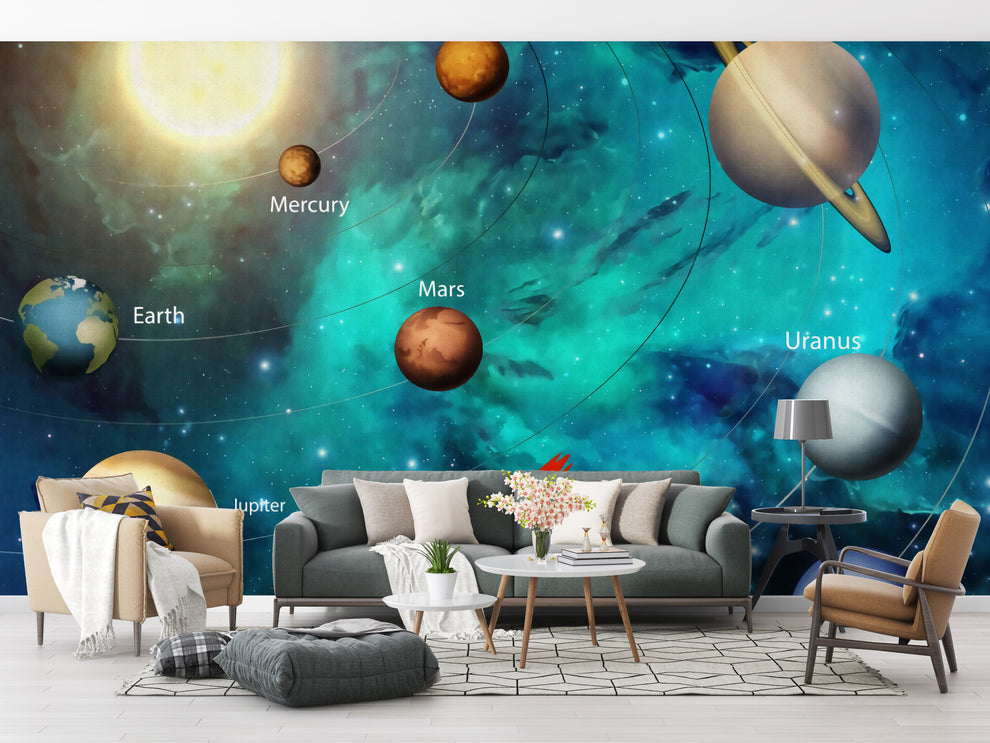 Kids Solar System Mural - Educational Space Wallpaper