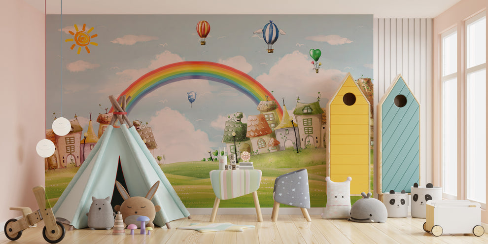 Kids City Landscape Rainbow Balloons Wallpaper – Giffywalls