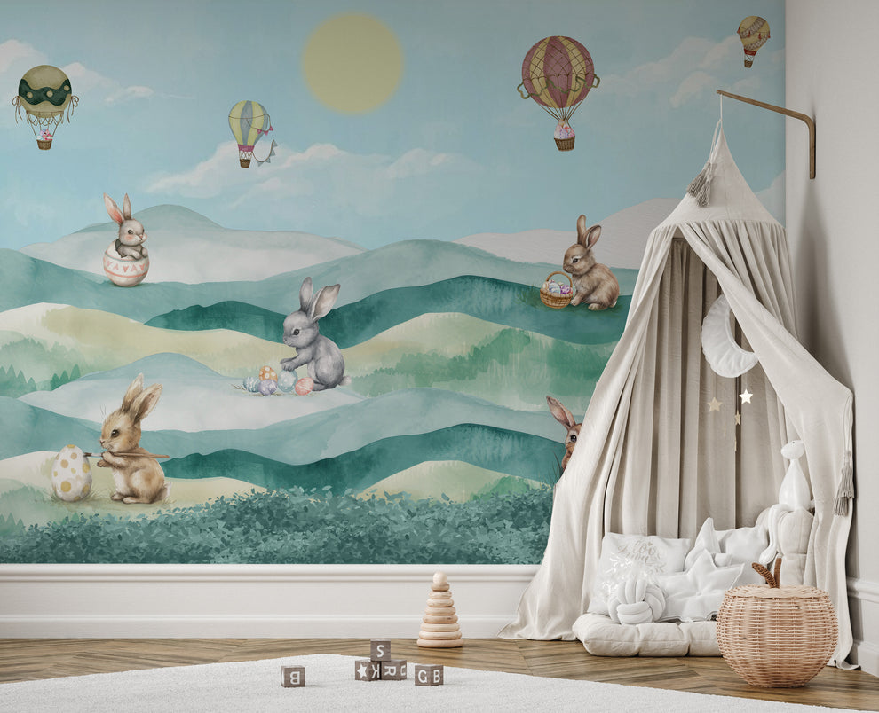 Spring Bunny Easter Egg Wallpaper – Cute Removable Wall Decor