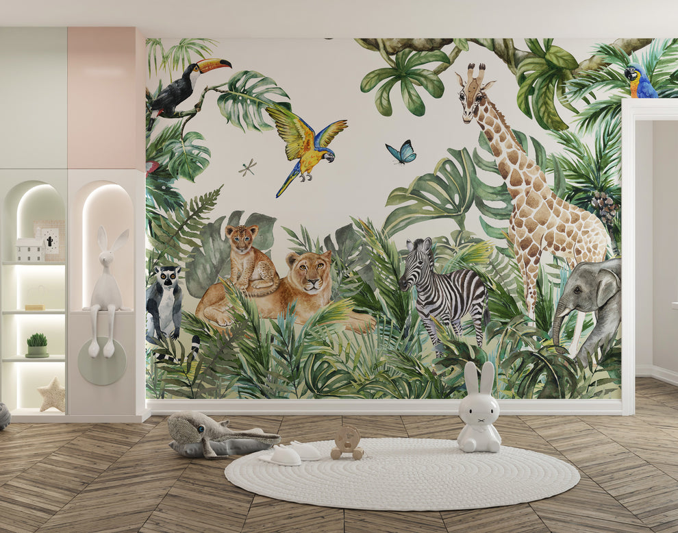 Animals in Jungle Wallpaper Mural - Tropical Safari Decor