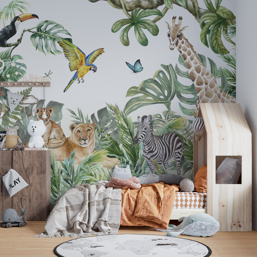 Animals in Jungle Wallpaper Mural - Tropical Safari Decor