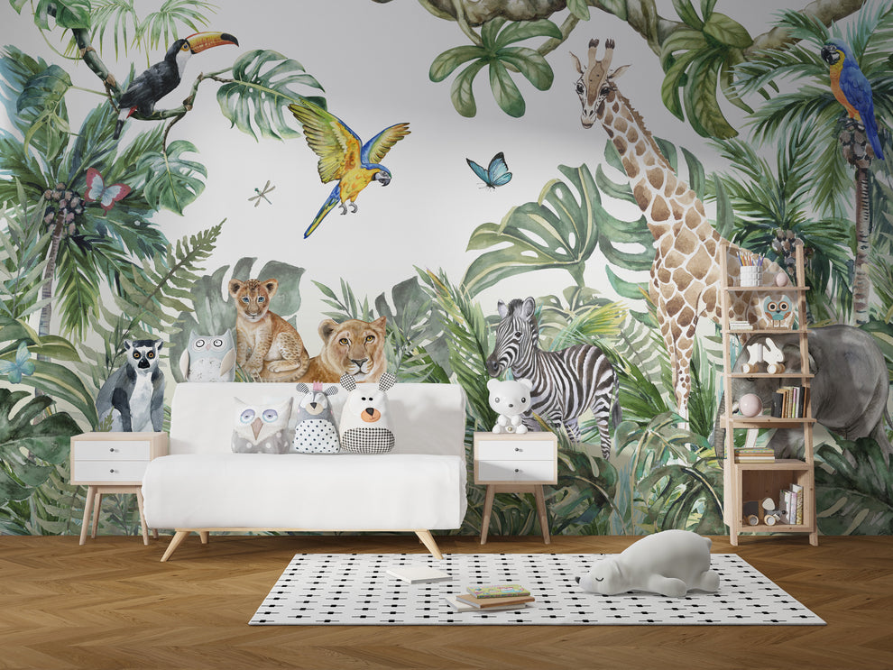 Animals in Jungle Wallpaper Mural - Tropical Safari Decor