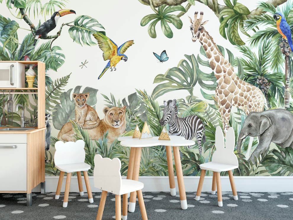 Animals in Jungle Wallpaper Mural - Tropical Safari Decor