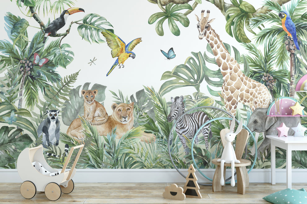 Animals in Jungle Wallpaper Mural - Tropical Safari Decor