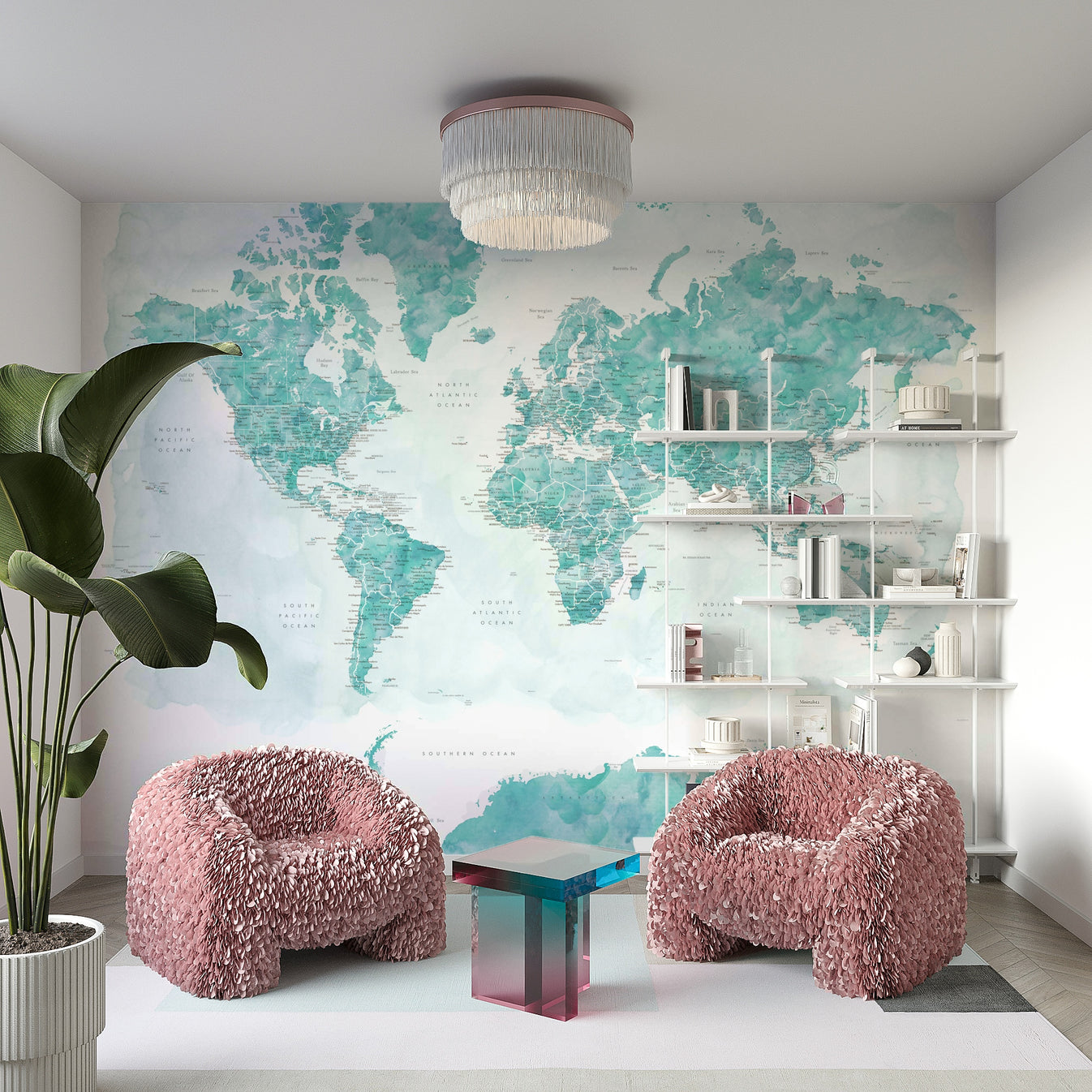 Aqua Blue World Map Wallpaper – Fresh Global Flair