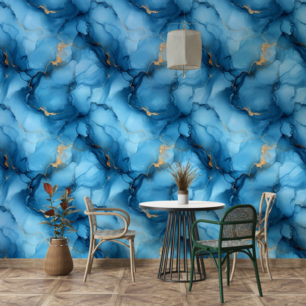 Soothing Azure River Wallpaper - Blue & Gold Abstract Design