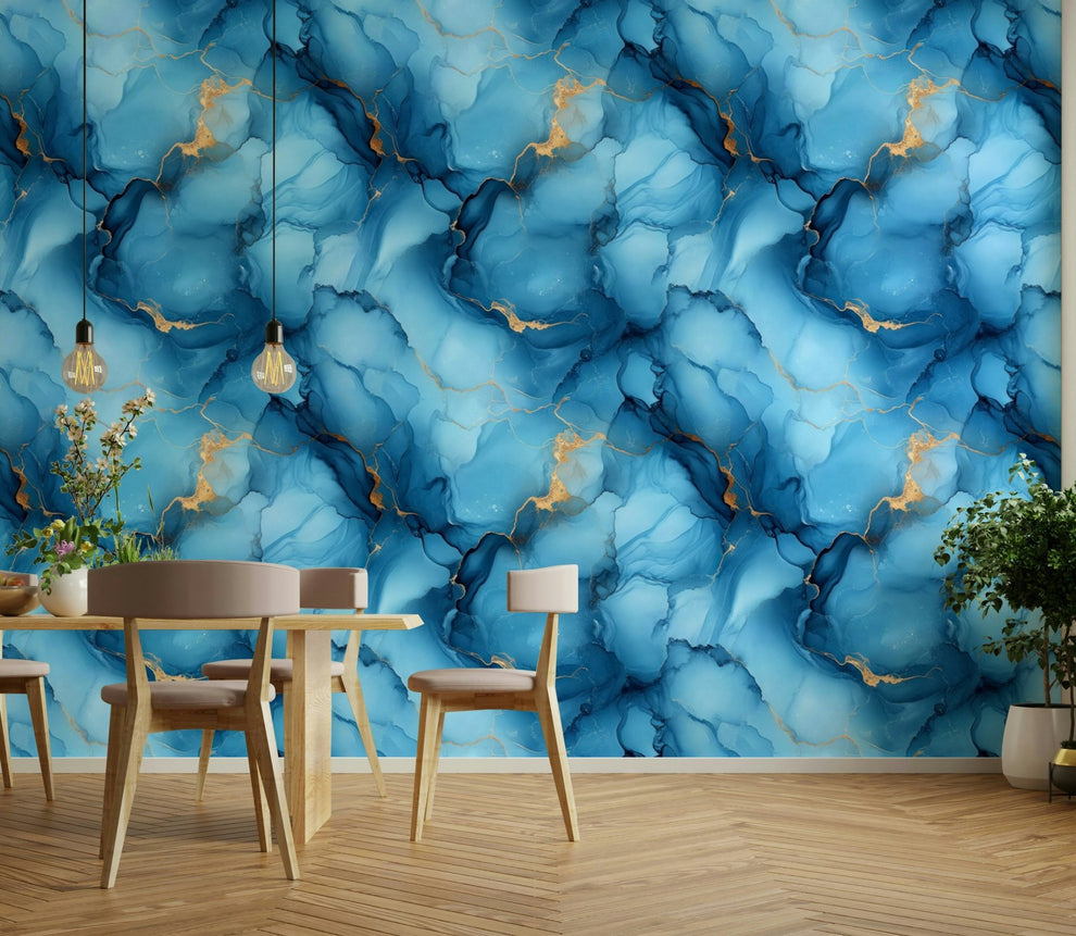 Soothing Azure River Wallpaper - Blue & Gold Abstract Design