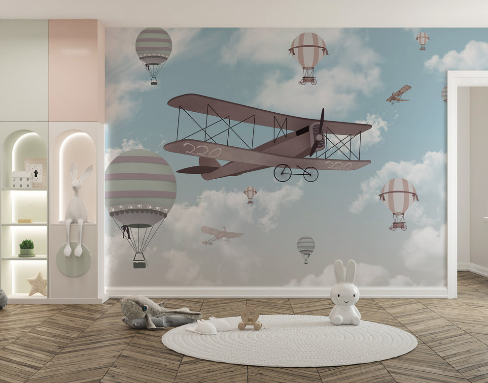 Biplane in Sky Wallpaper for Kids Room – Giffywalls