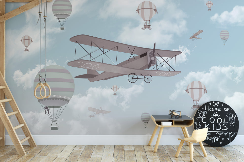 Biplane in Sky Wallpaper for Kids Room – Giffywalls