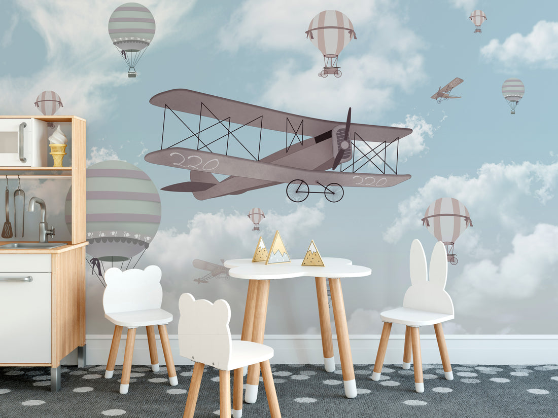 Biplane in Sky Wallpaper for Kids Room – Giffywalls