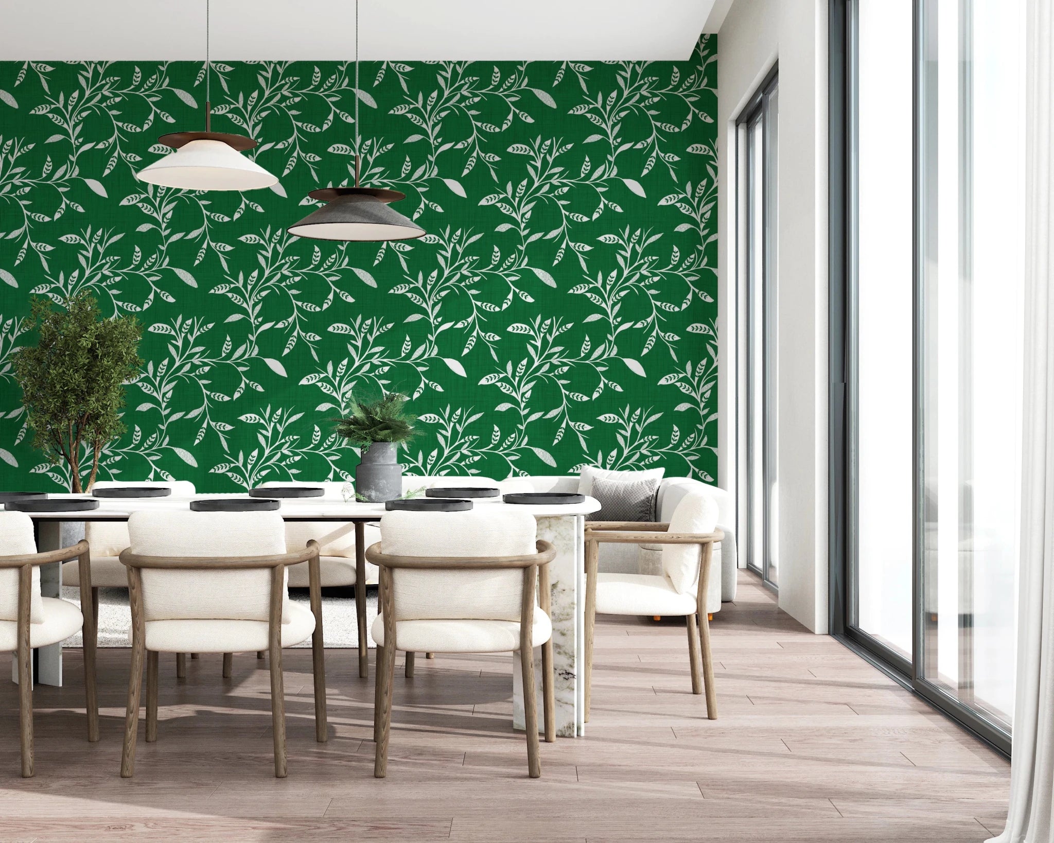 Papel de parede escandinavo com estampado de trepadeira de folhas verdes