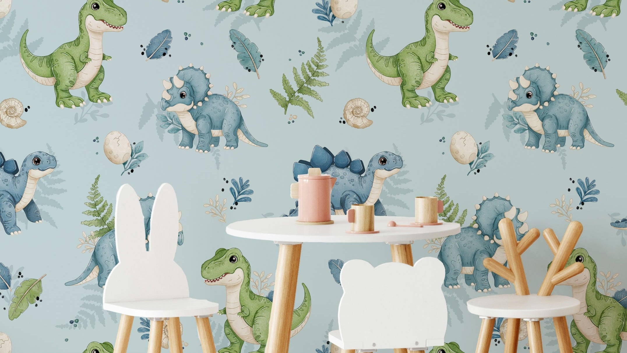 Dino Pals Blue Dinosaur Wallpaper for Kids Rooms