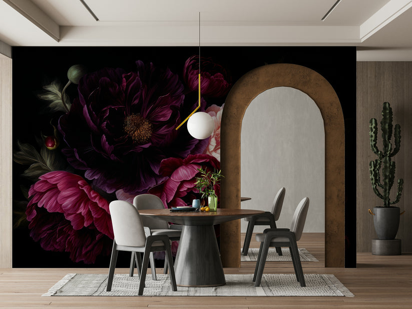Grandmillennial Dark Peonies Gothic Wall Mural – Bold Elegance