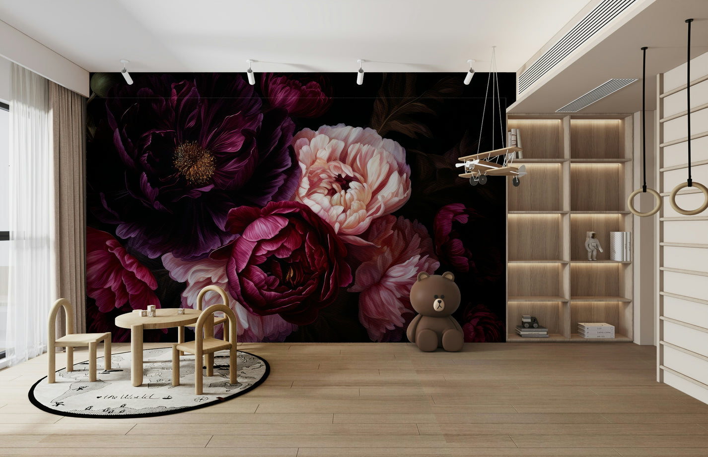 Grandmillennial Dark Peonies Gothic Wall Mural – Bold Elegance