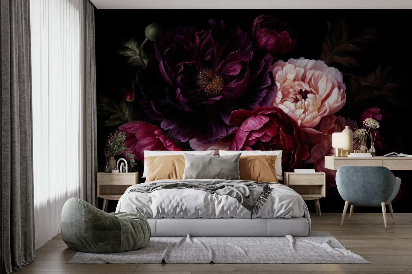 Grandmillennial Dark Peonies Gothic Wall Mural – Bold Elegance