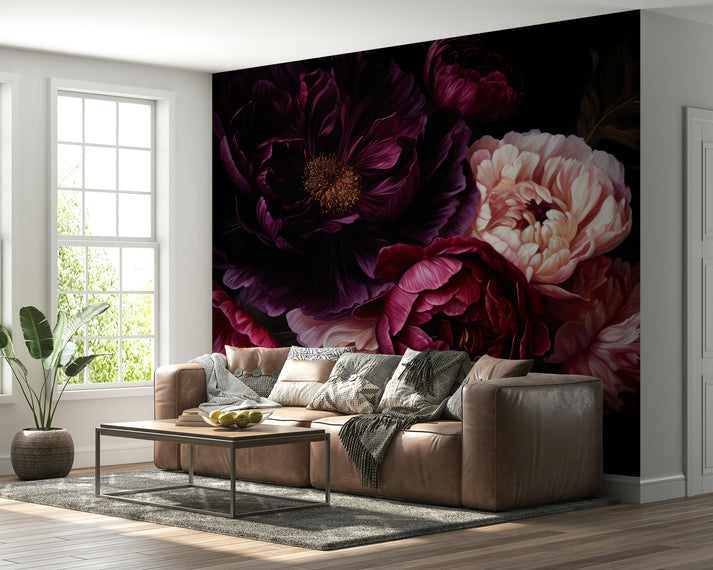 Grandmillennial Dark Peonies Gothic Wall Mural – Bold Elegance