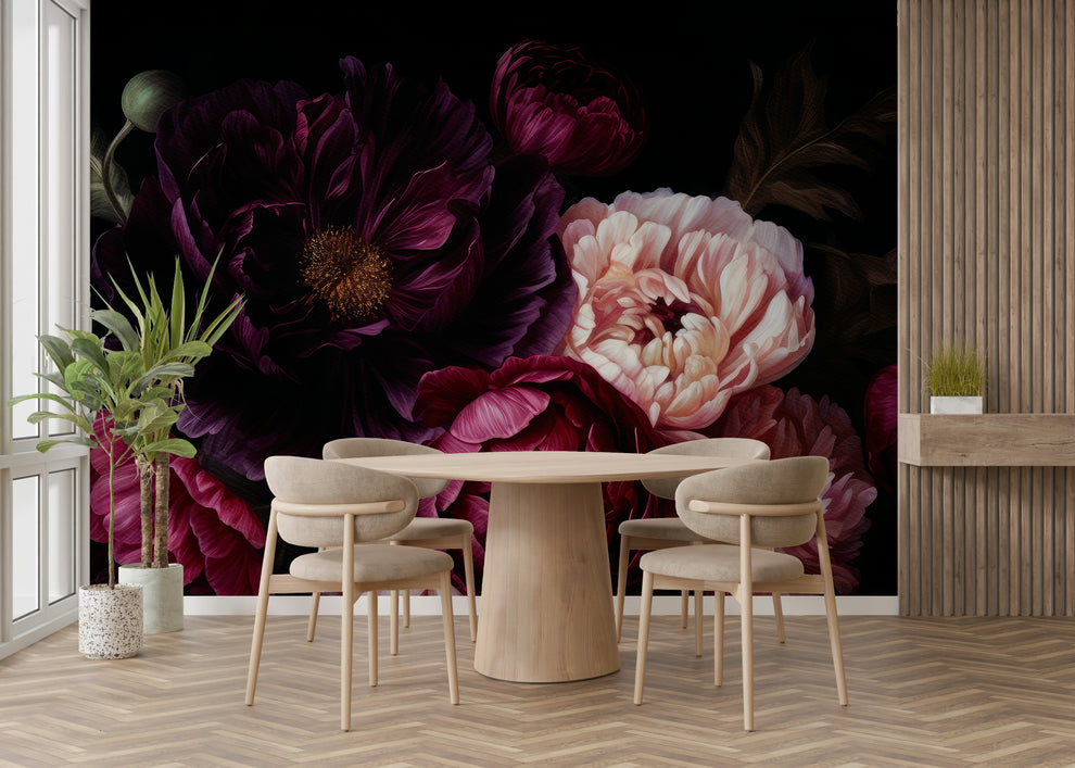 Grandmillennial Dark Peonies Gothic Wall Mural – Bold Elegance