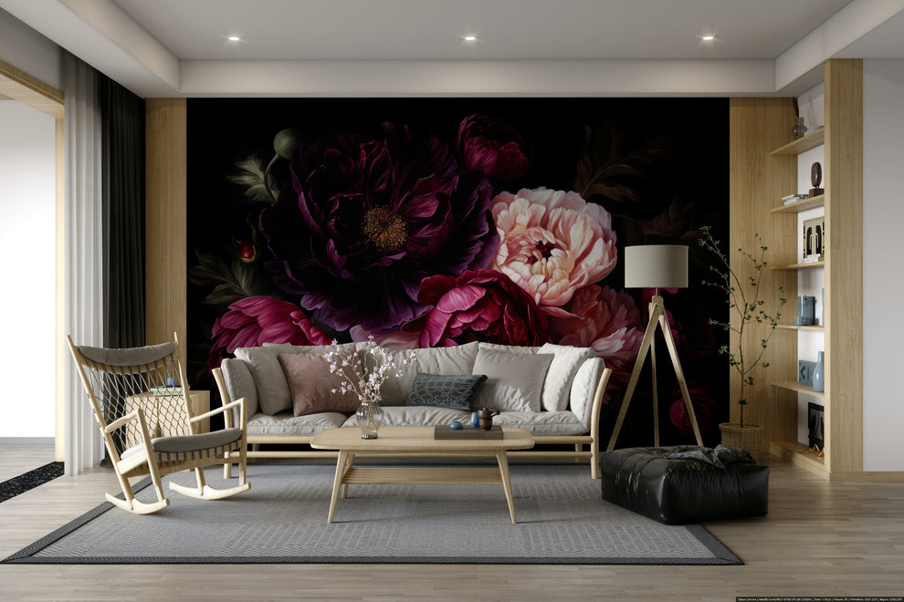 Grandmillennial Dark Peonies Gothic Wall Mural – Bold Elegance