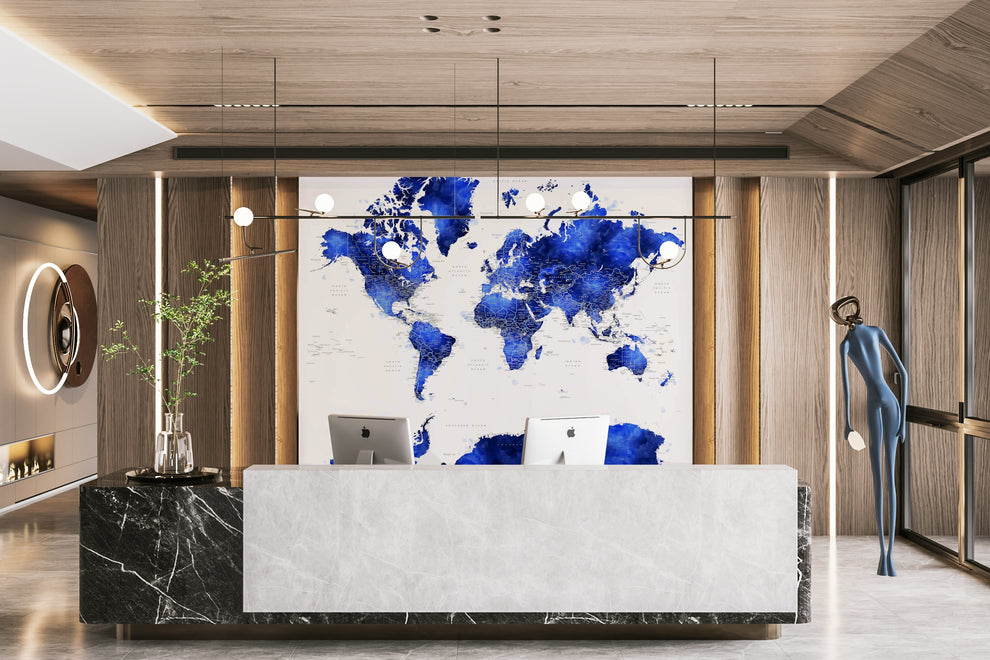 Indigo Map Wallpaper – Bold Watercolor World Design