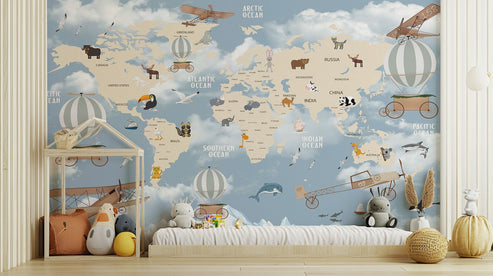 Kids World Map Wallpaper - Bedroom Wall Adventure