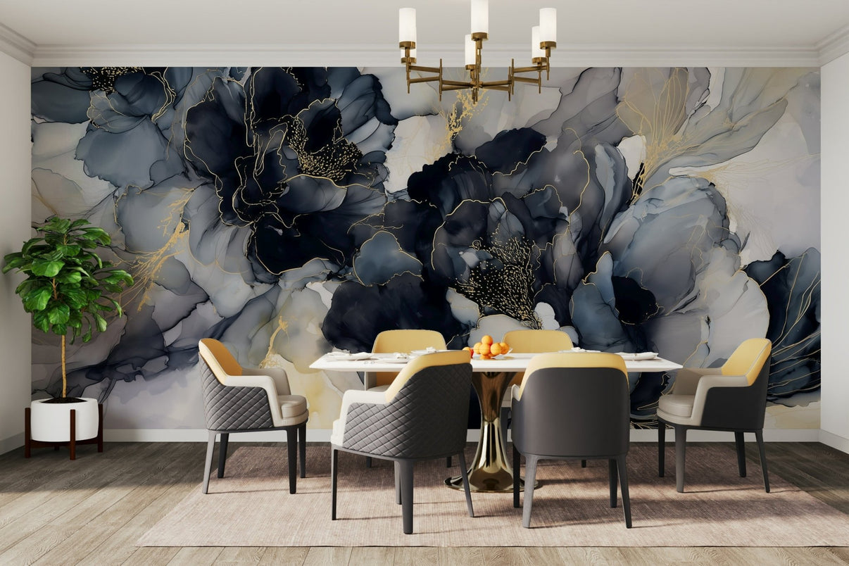 Midnight Ink Blossom Wallpaper - Dramatic Floral Wall Art