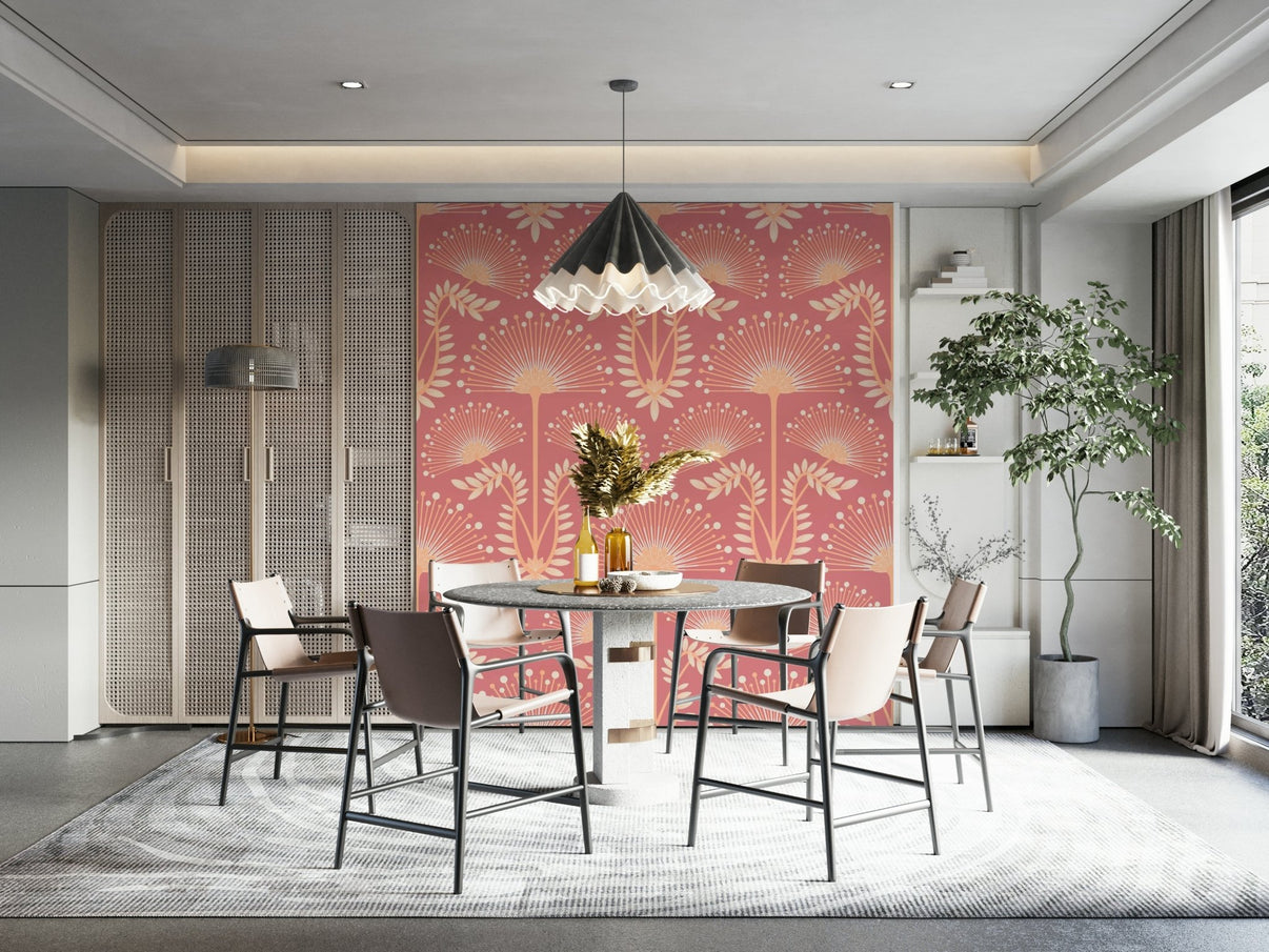 Mimosa Art Deco Floral Mural | Peach Rust Damask Wallpaper