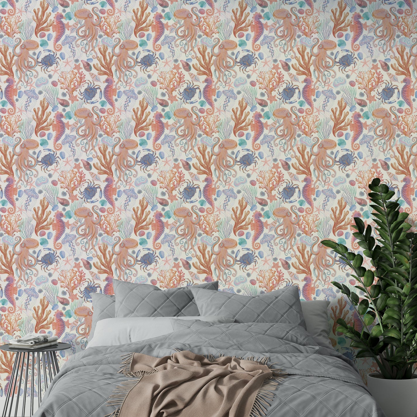Pastel Sea Creatures Wallpaper for Coastal Cabins