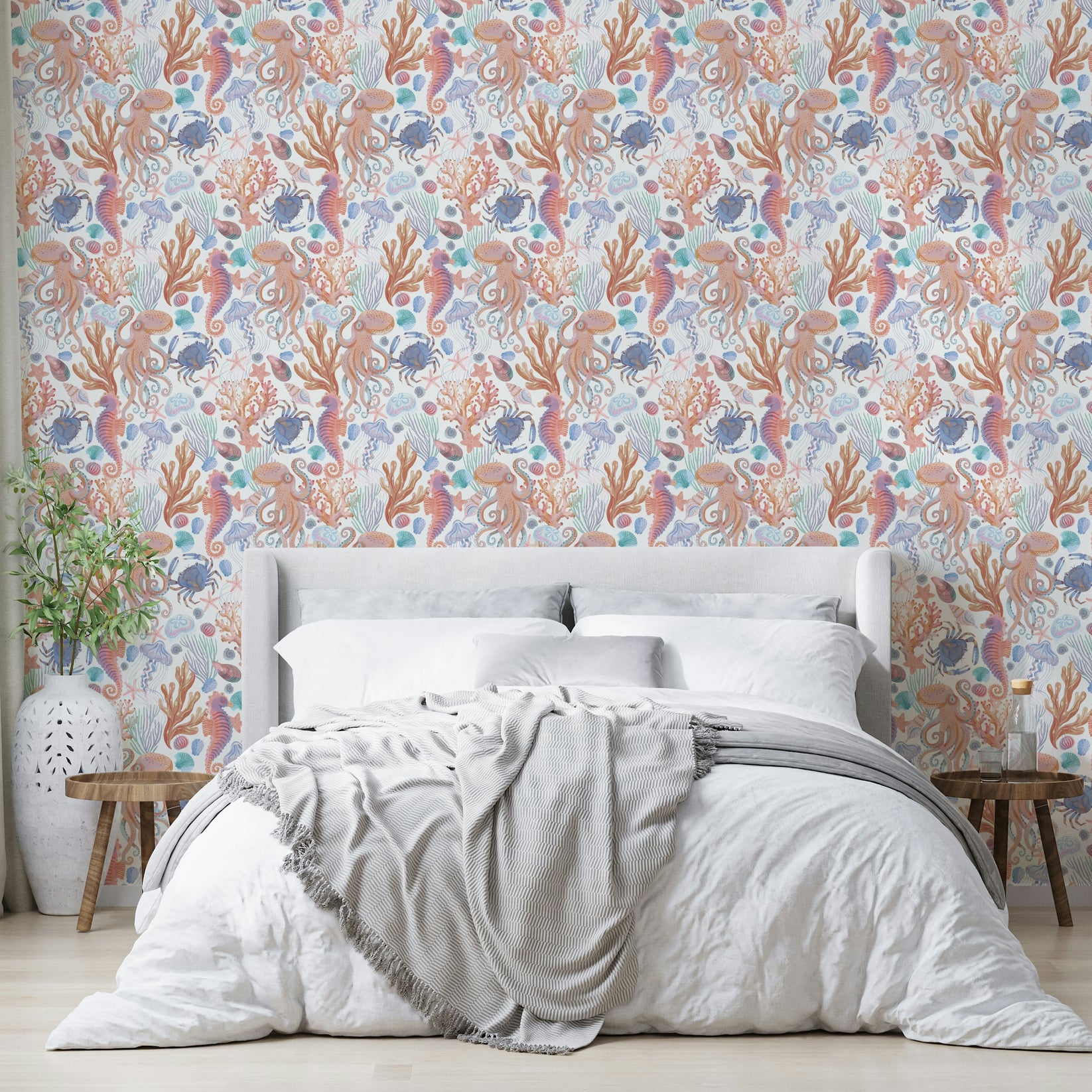 Pastel Sea Creatures Wallpaper for Coastal Cabins