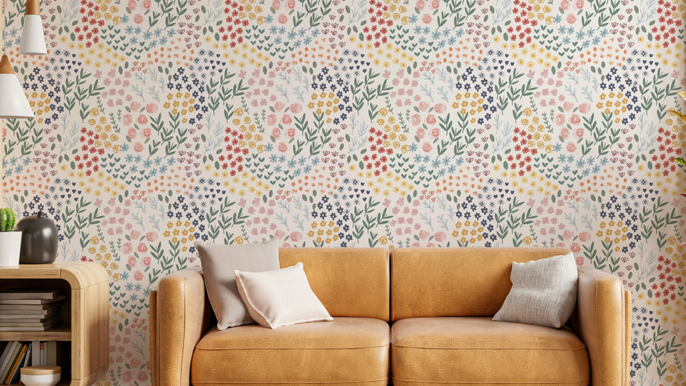 Patchwork Floral Wallpaper in Bright Playful Colors