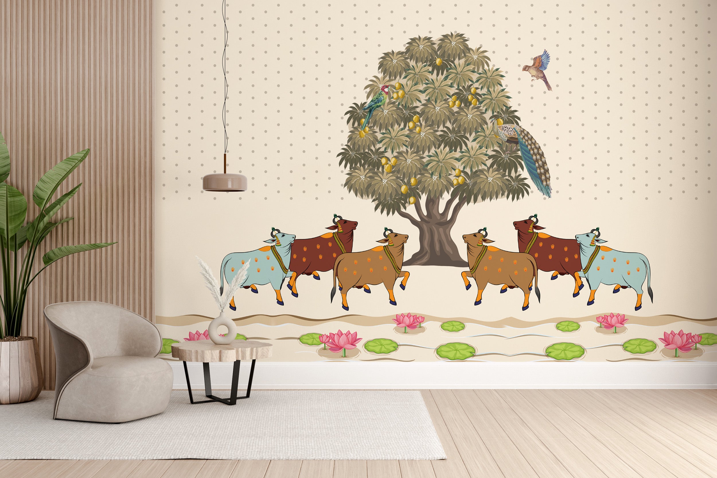 Pichwai Sacred Cows Mango Tree Mural – Indian Heritage Art