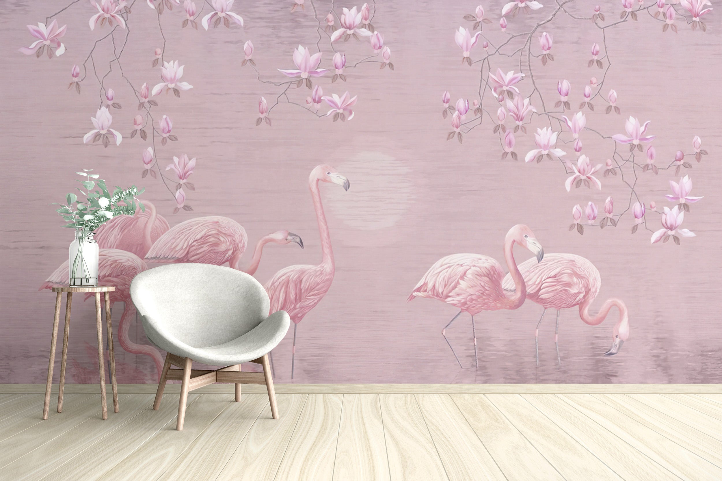 Pink Magnolia Flamingo Haven Mural Wallpaper | Giffywalls