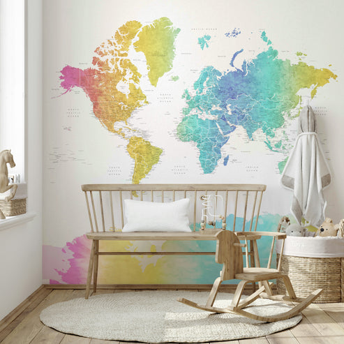 Rainbow Map Wallpaper – Colorful Global Wall Art