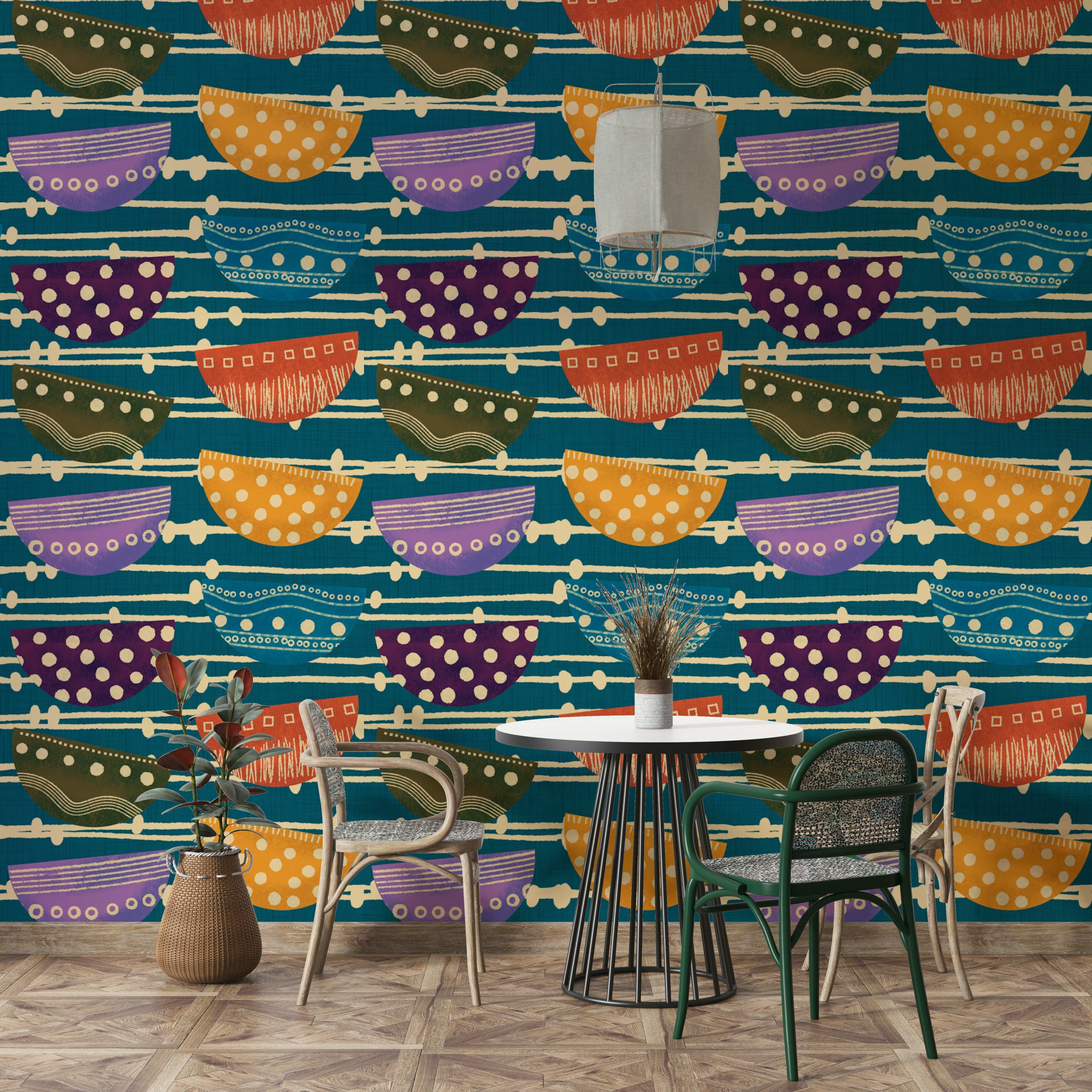 Retro Teal Bowls Wallpaper