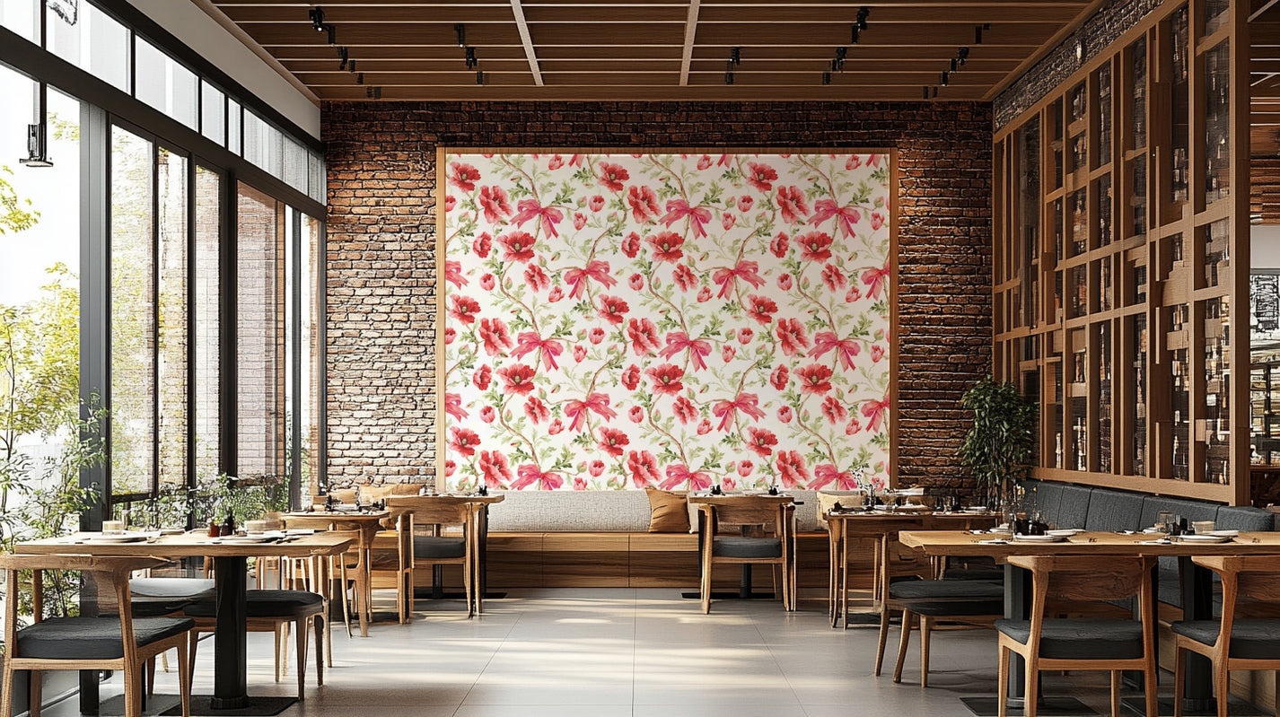 Romantic Preppy Poppy Wallpaper – Floral Bows Wall Mural