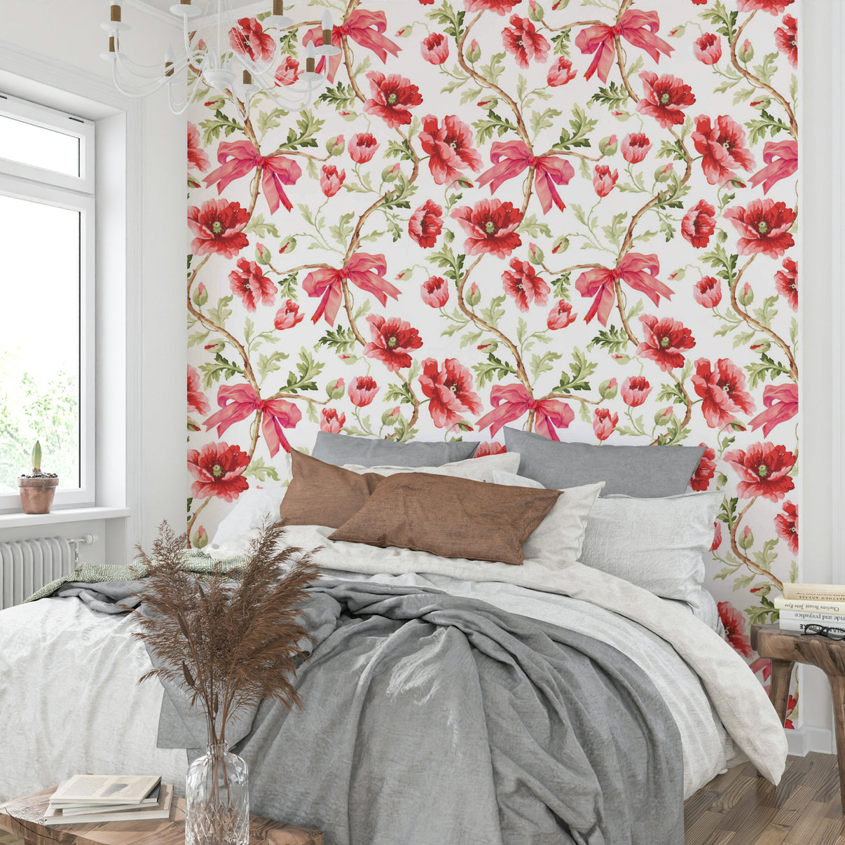 Romantic Preppy Poppy Wallpaper – Floral Bows Wall Mural